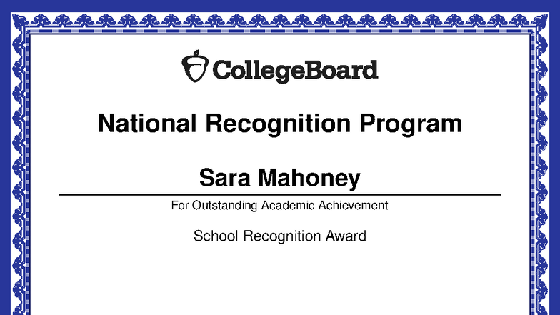 Mahoney, Sara's National Recognition Program Certificate - National ...