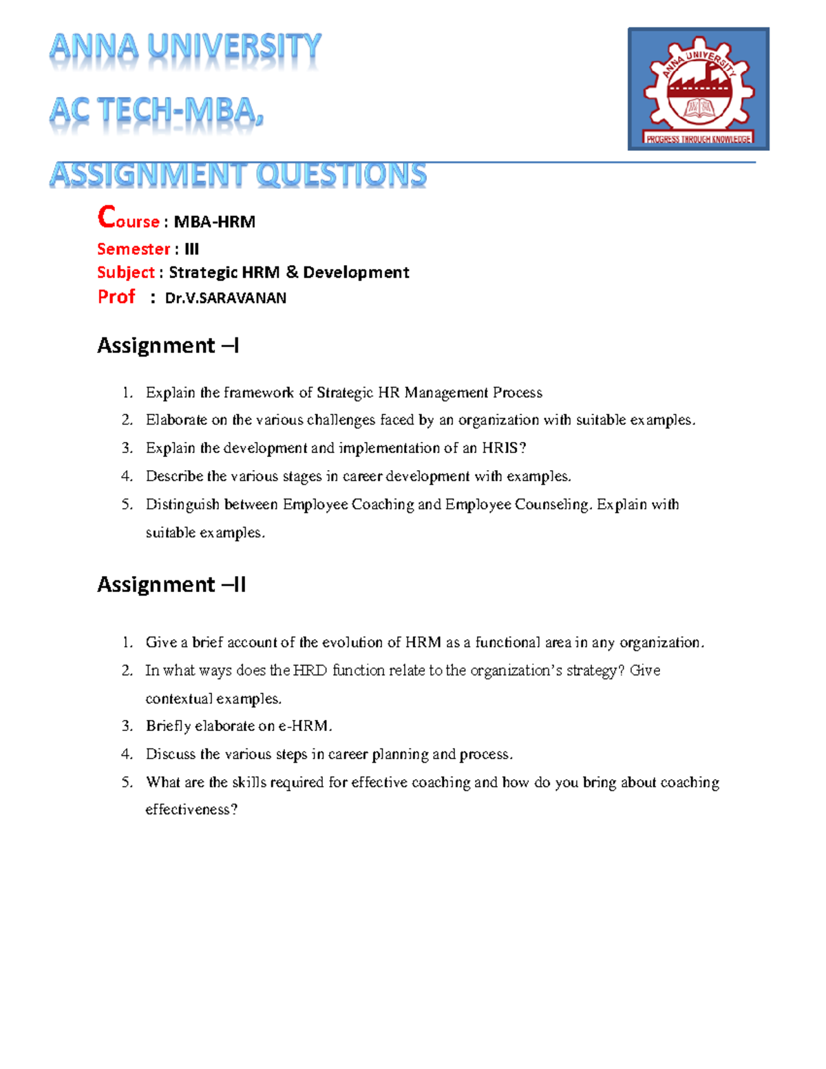 Strategic HRM Assignments - MGT-MBA 3rd Semester - Anna University ...