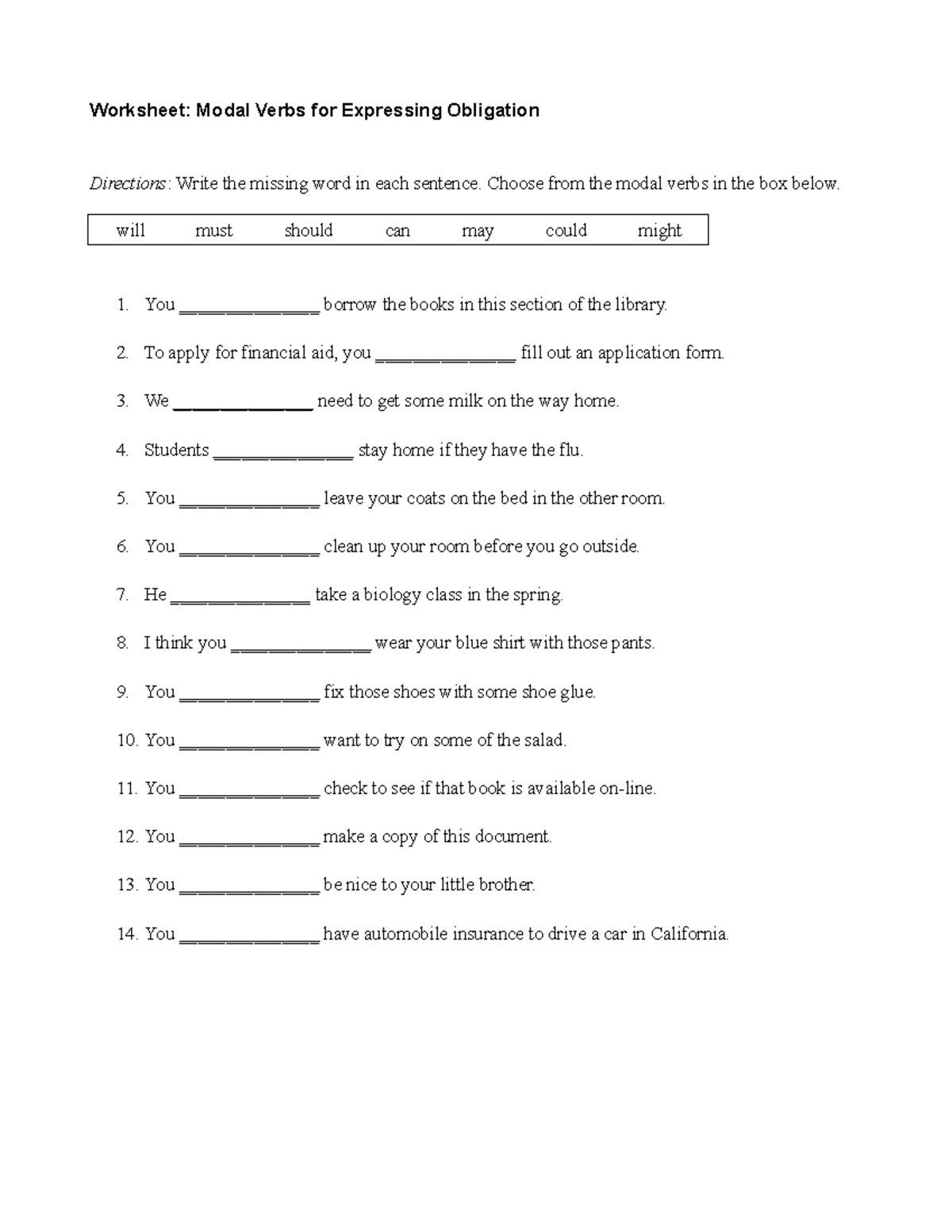 Worksheet: Modal Verbs for Expressing Obligation (Modal-Obligation ...
