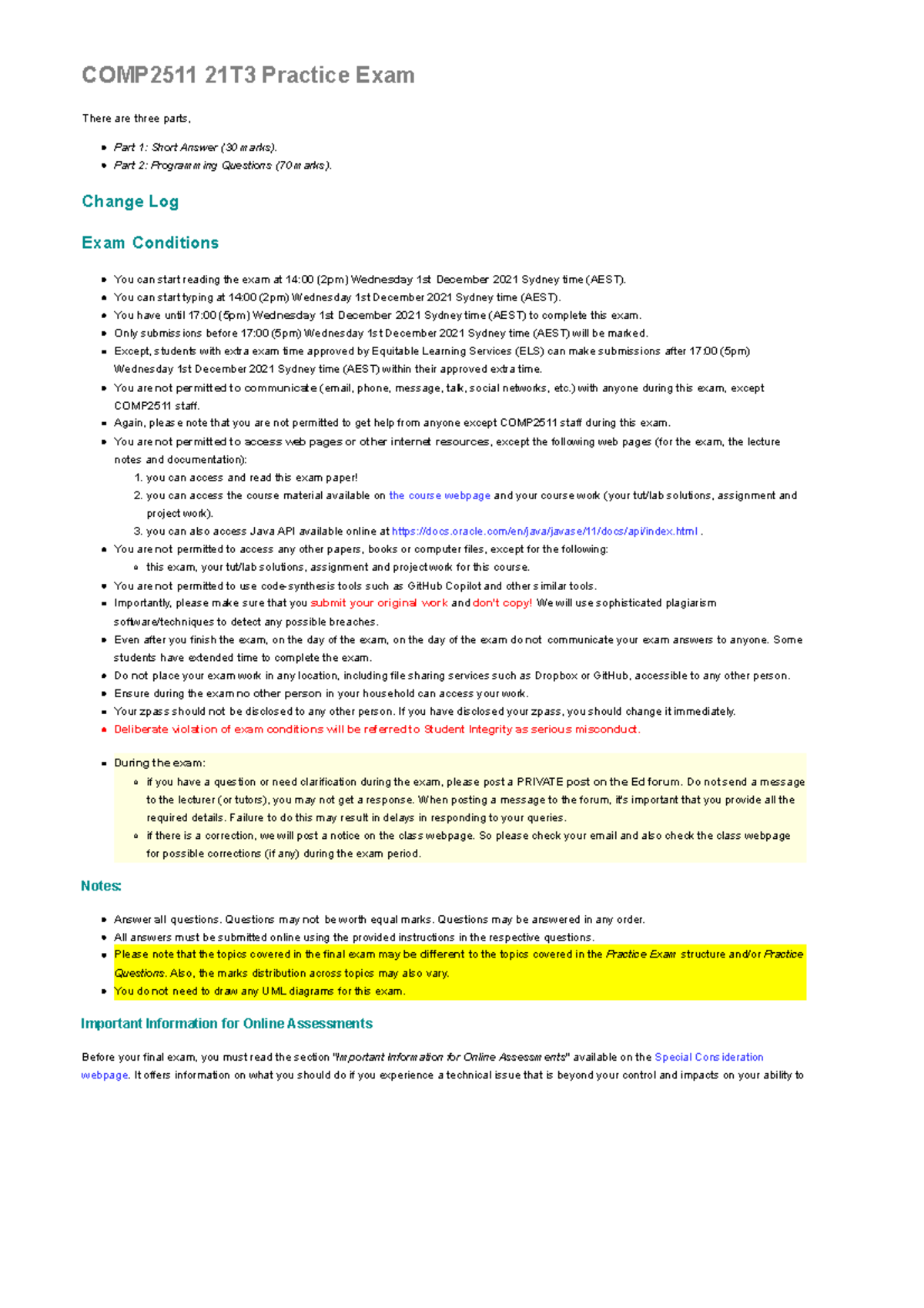 COMP2511 21T3 Practice Exam: Short Answer & Programming Questions - Studocu