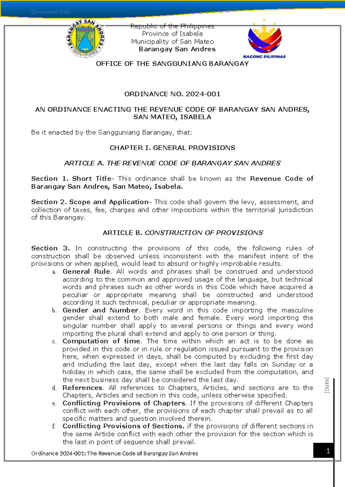 Barangay San Andres Revenue Code Ordinance 2024 - Sample Document - Studocu