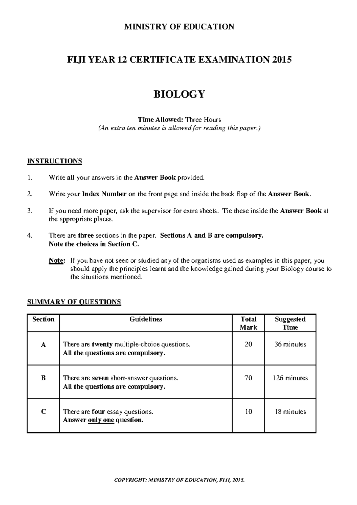 15 FY12CE Biology Year 12 Certificate Exam Paper 2015 - Studocu