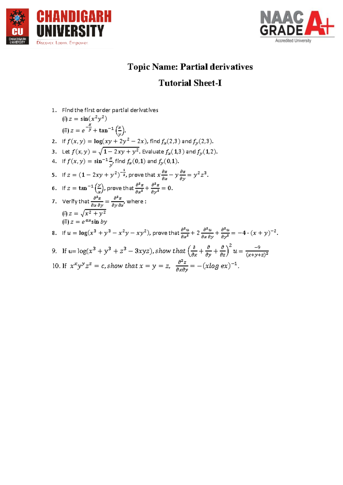 Partial Derivatives Tutorial Sheet 1: Unit-1 Exercises - Studocu