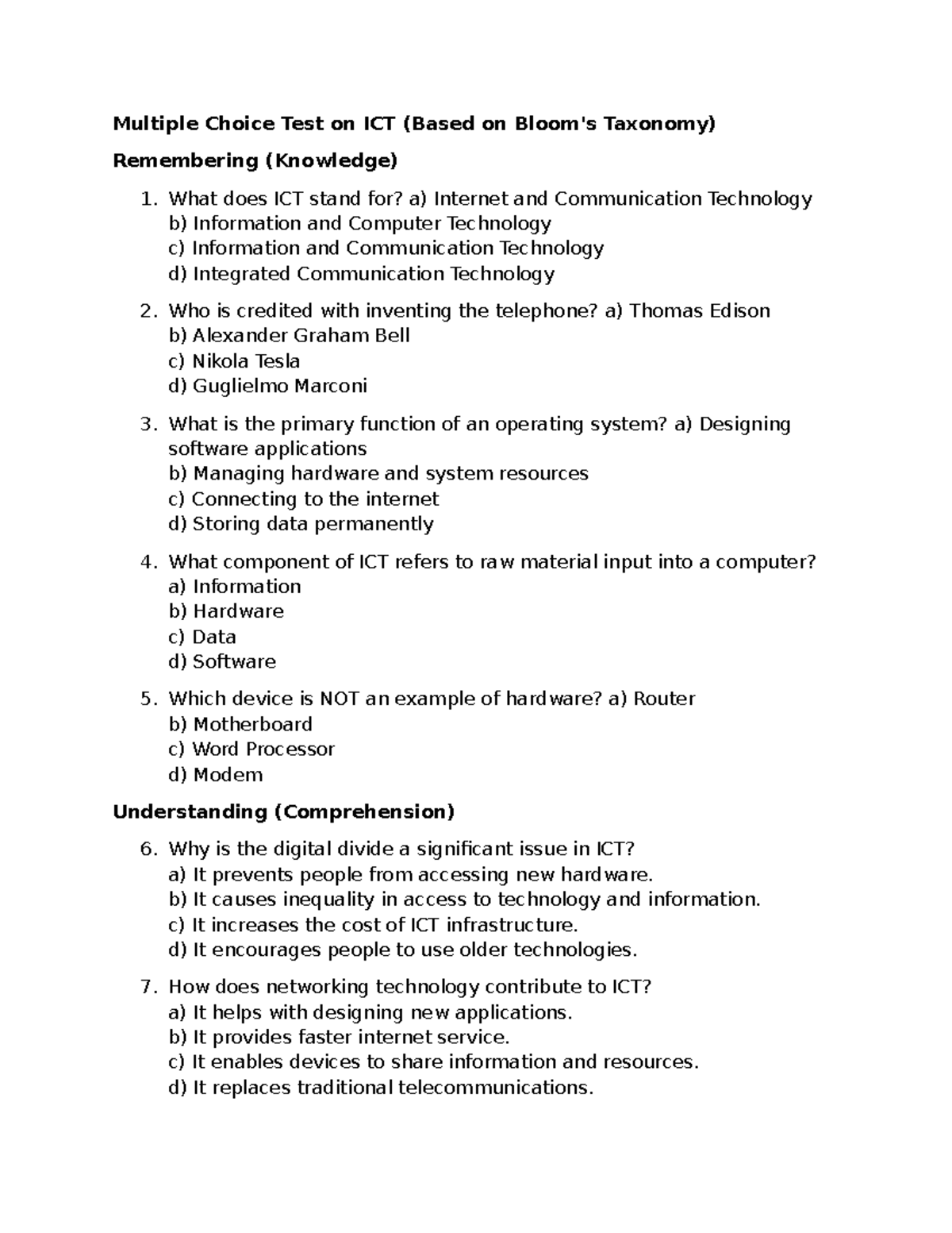 Multiple Choice Test on ICT: Knowledge, Comprehension, and Application ...