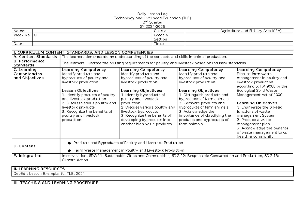 Daily Lesson Log - notes - Daily Lesson Log Technology and Livelihood ...