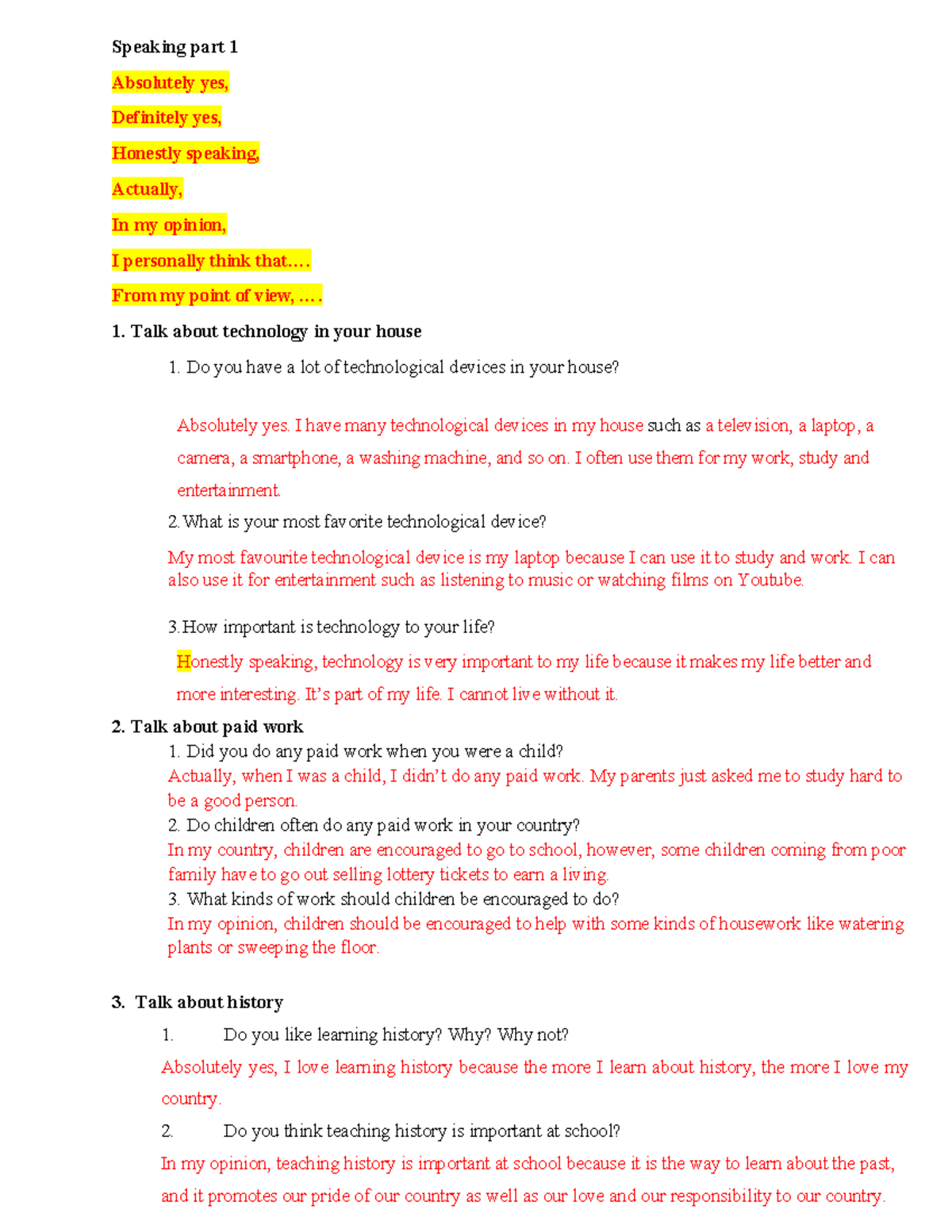 Speaking Part 1: Technology, Work, History, and More - Studocu