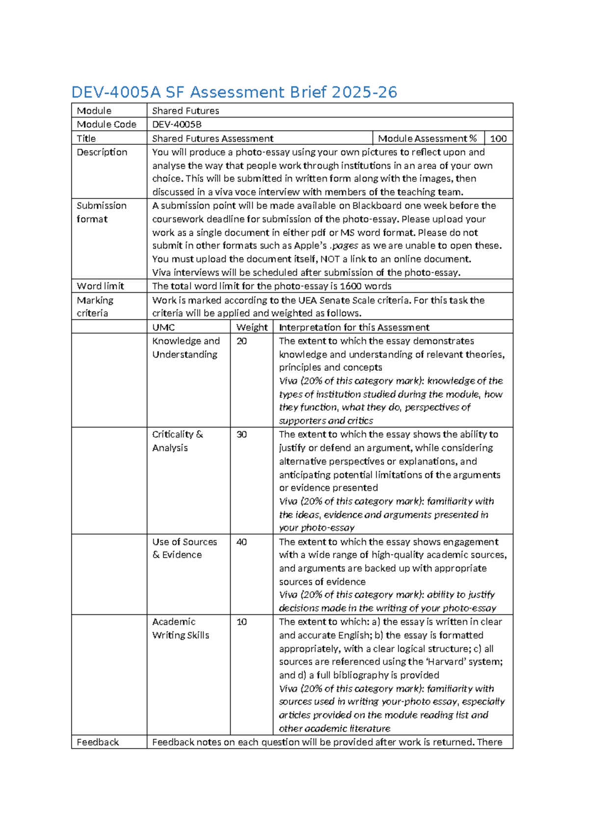 DEV-4005B Assessment Brief: Shared Futures Module Overview and ...