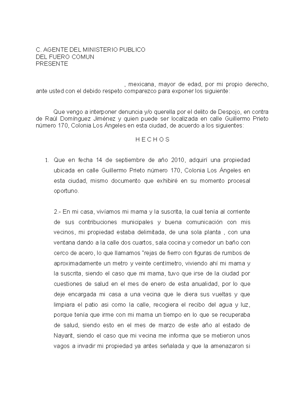 Denuncia por Despojo - 222222 - Studocu