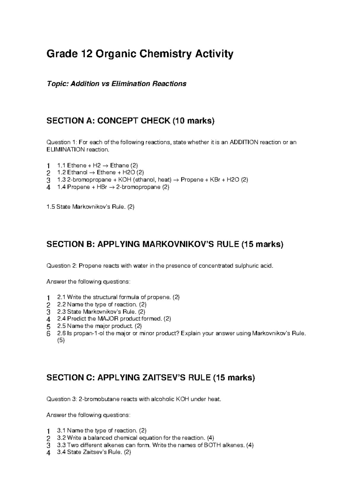 Grade 12 Organic Chemistry Activity: Addition vs Elimination Reactions ...