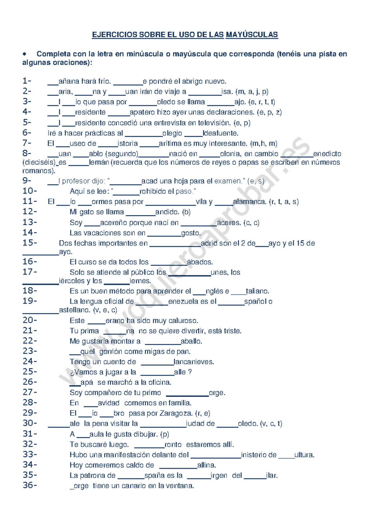 Ejercicios sobre el Uso de Mayúsculas - Curso de Español - Studocu