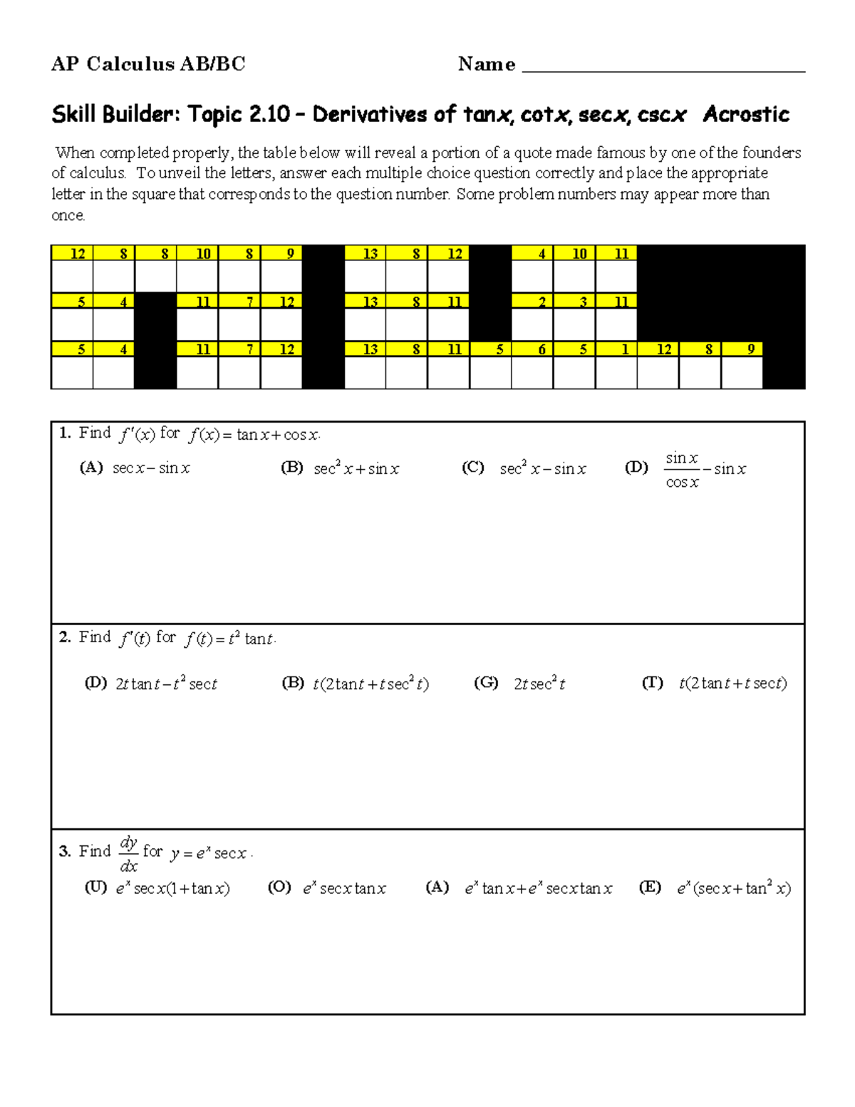 AP Calculus (APC) Topic 2.10 - Derivatives of Trig Functions (Acrostic ...