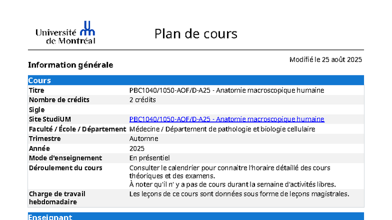 Plan de cours TGDE 2025 : Anatomie Macroscopique Humaine - Studocu