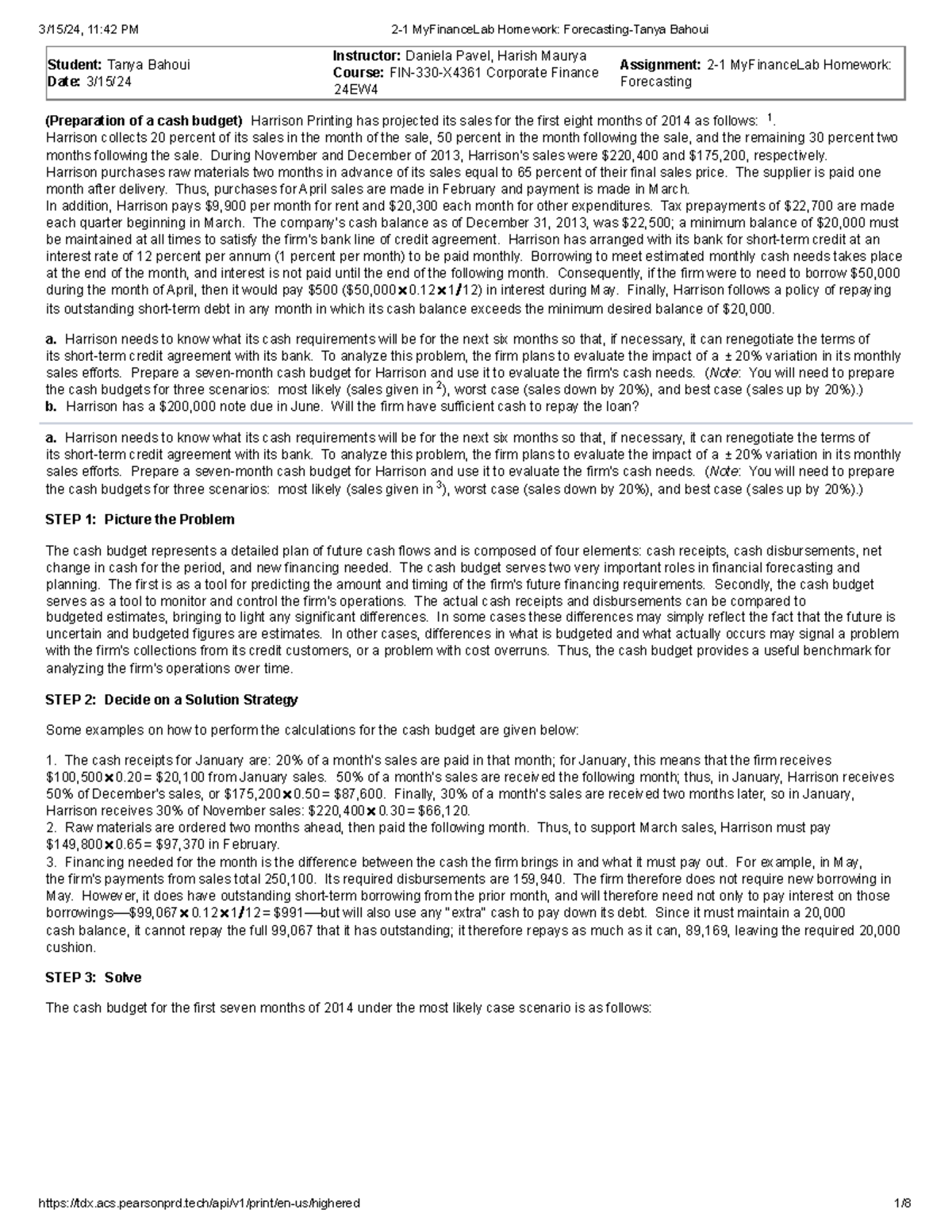 2-1 My Finance Lab Homework Forecasting-Tanya Bahoui - Student: Tanya Bahoui Date: 3/15 ...