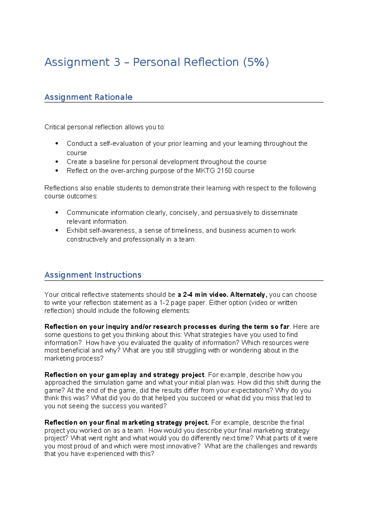 MKTG 2150 Assignment 3: Personal Reflection Guidelines - Studocu