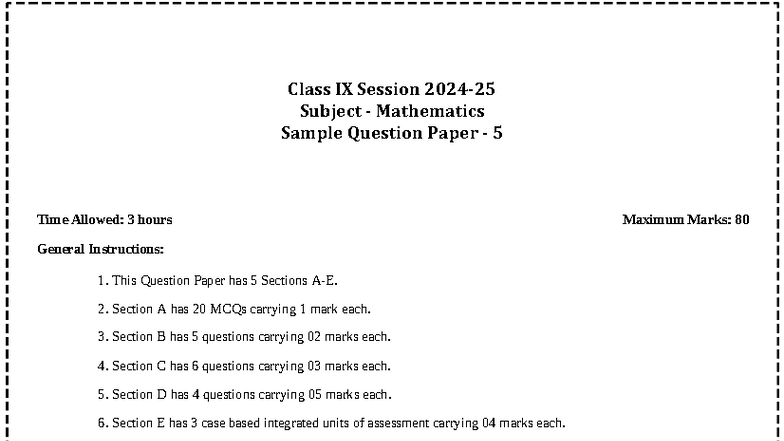 Class IX Mathematics Sample Question Paper 5 - 3 Hours, 80 Marks - Studocu