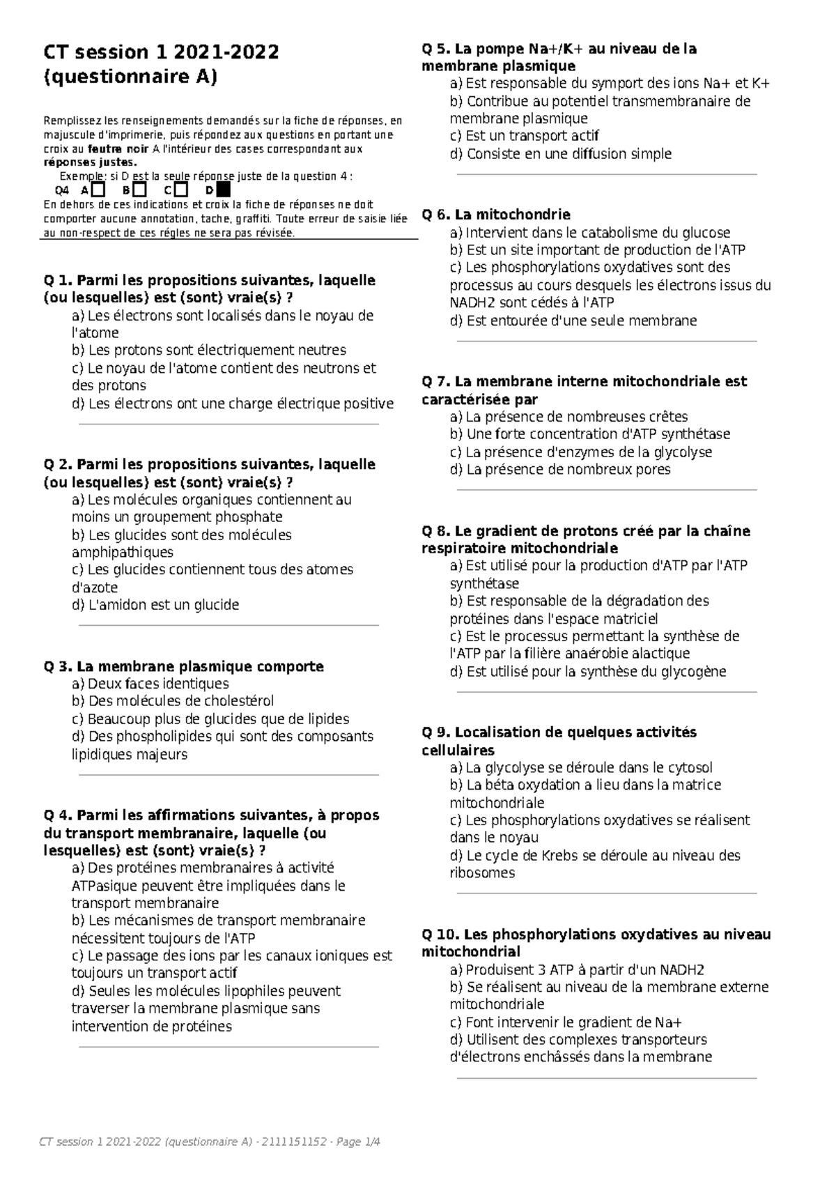 CT session 1 2021-2022: Questionnaire A sur la Biologie Cellulaire ...