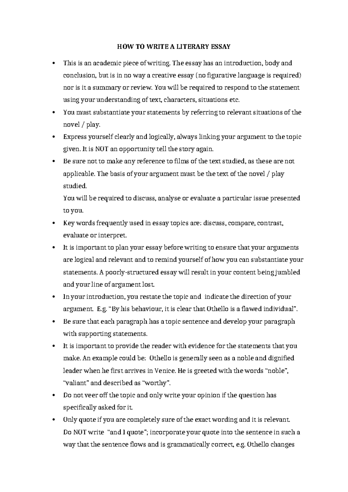 ENG101: Guidelines for Writing a Literary Essay - Studocu