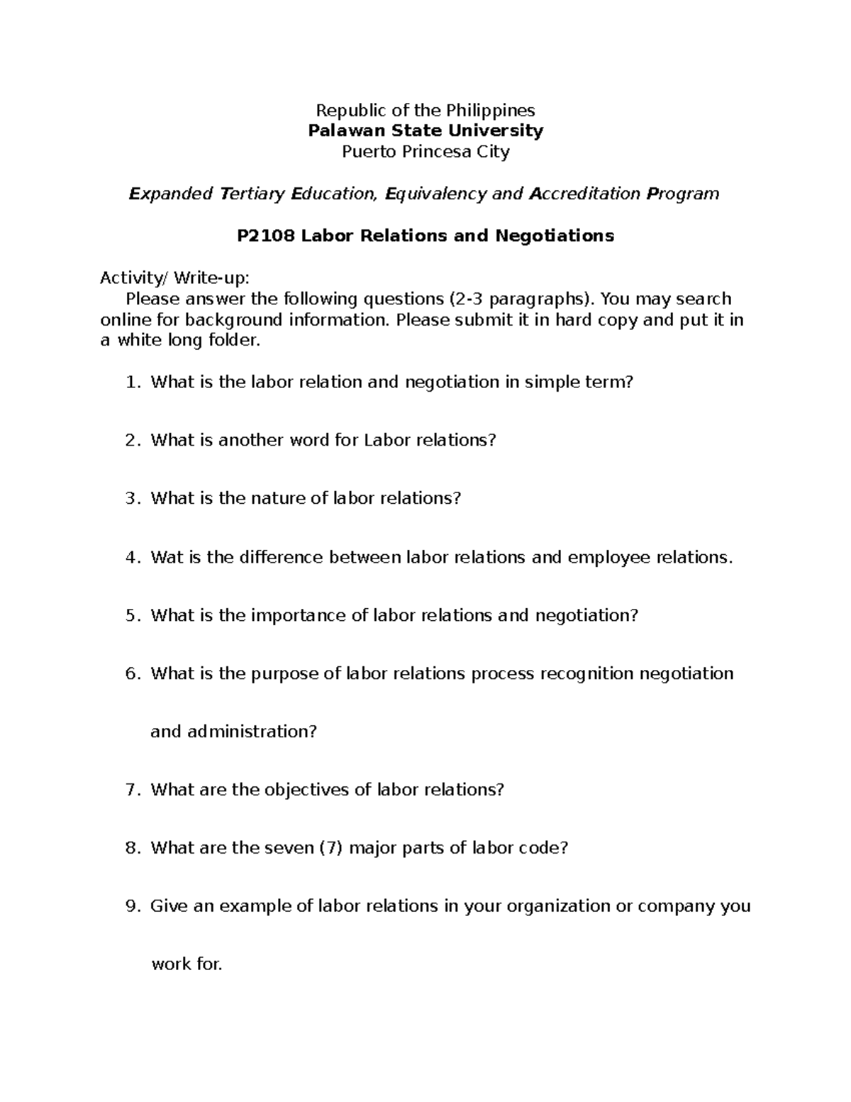 P2108 Labor Relations & Negotiation Activity Write-Up Guide - Studocu