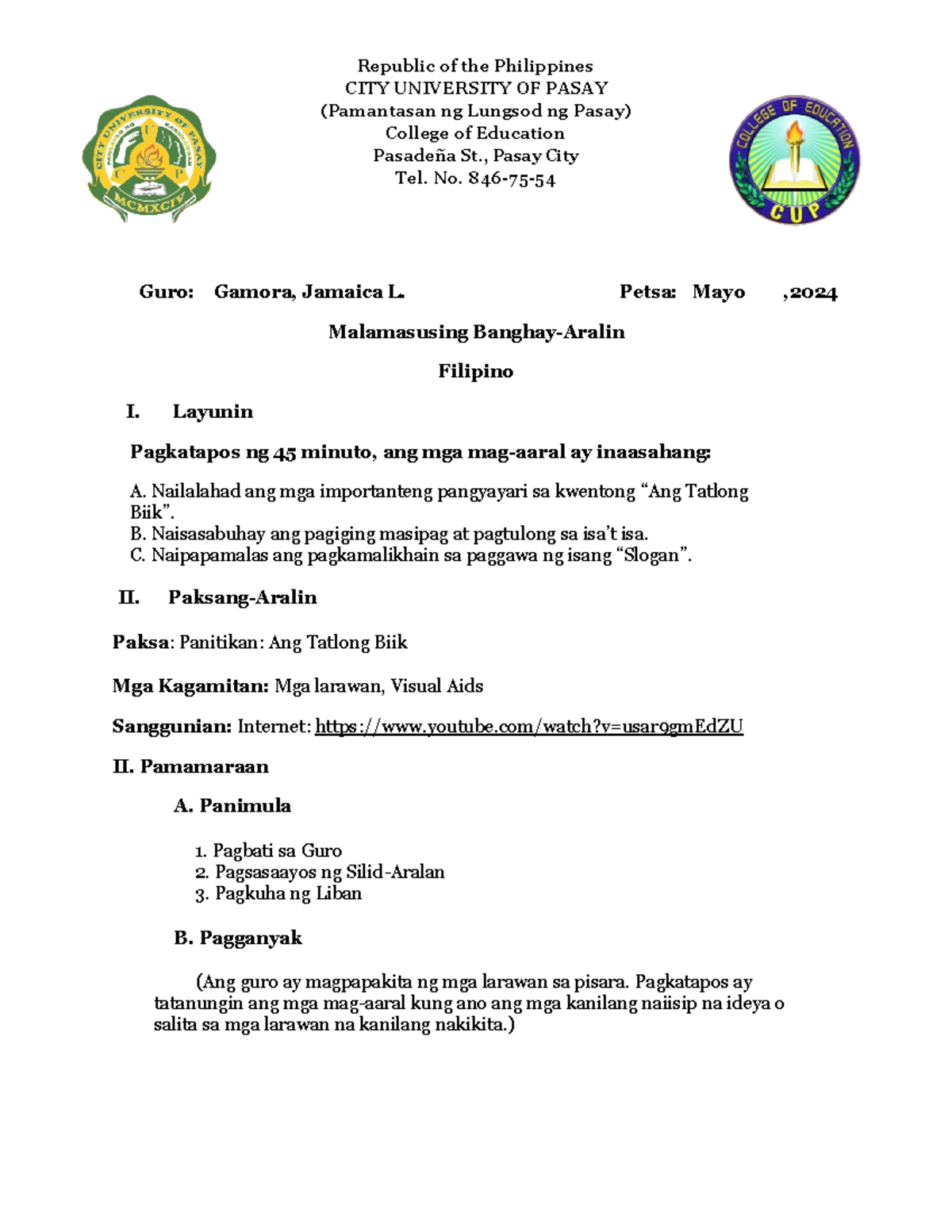 Banghay-Aralin sa FILIPINO: "Ang Tatlong Biik" na Kuwento - Studocu