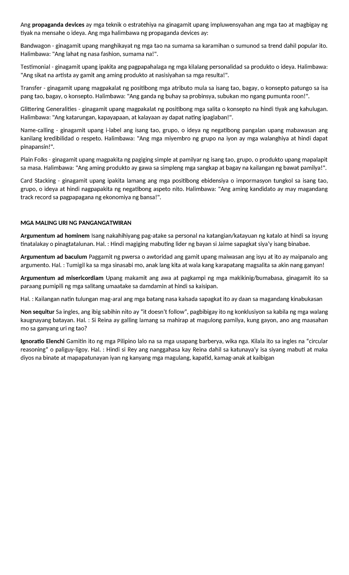 Mga Teknik sa Propaganda at Maling Pangangatuwiran - Talakayan - Studocu