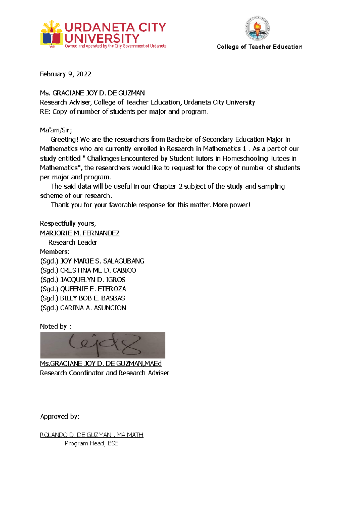 Request-Letter - for educational purposes - College of Teacher ...