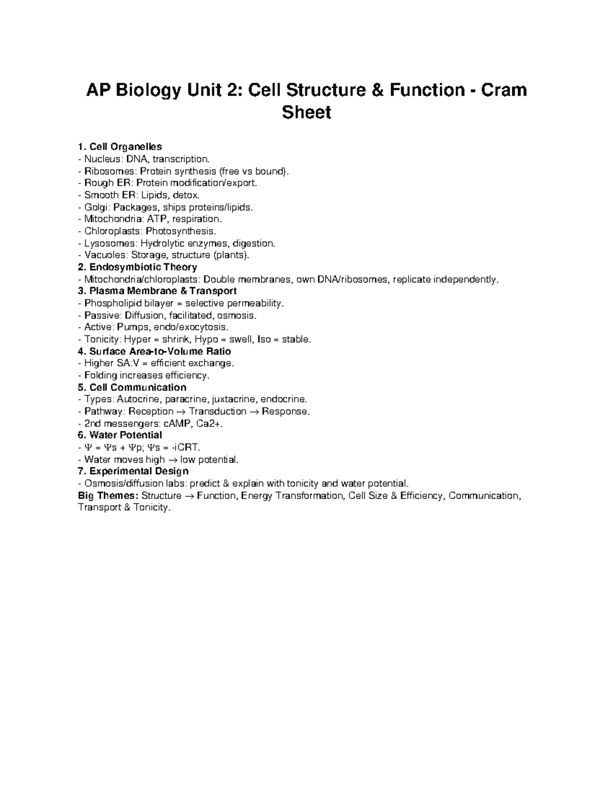 AP Biology Unit 2: Cell Structure & Function Cram Sheet - Studocu