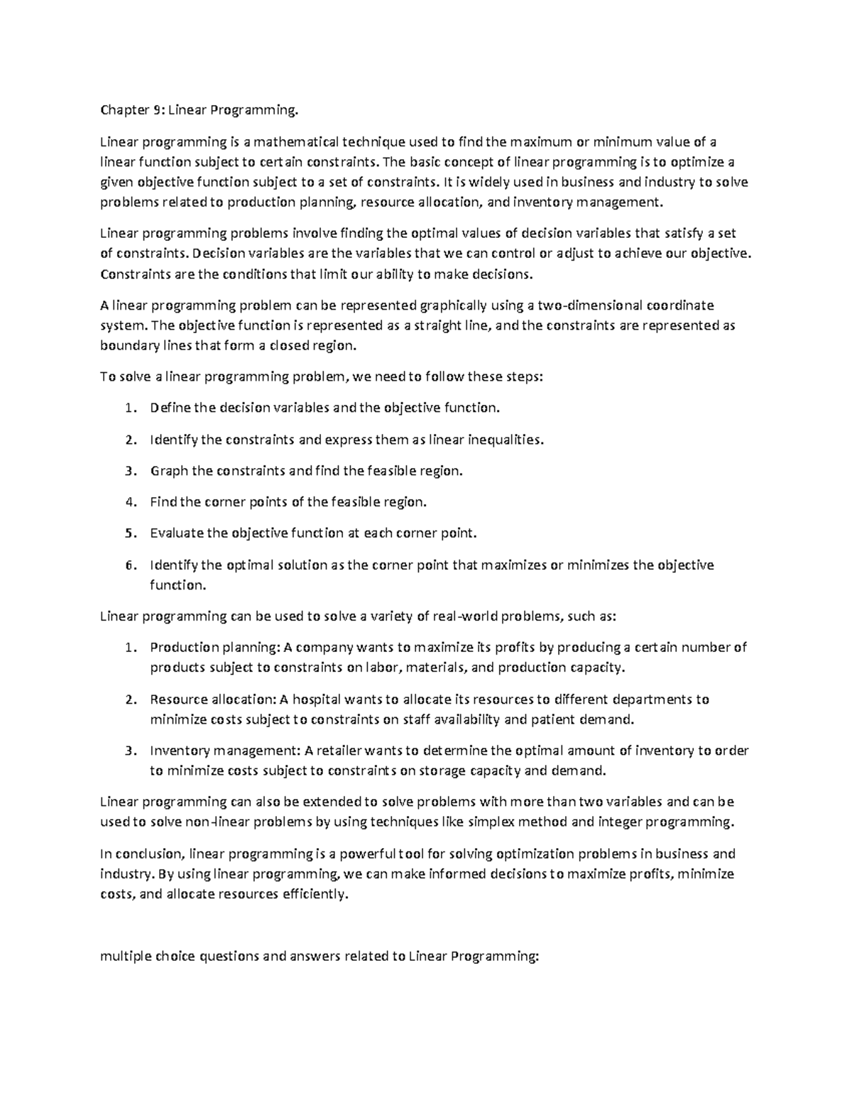 Optimizing Business Operations with Linear Programming - Chapter 9: Linear Programming. Linear ...
