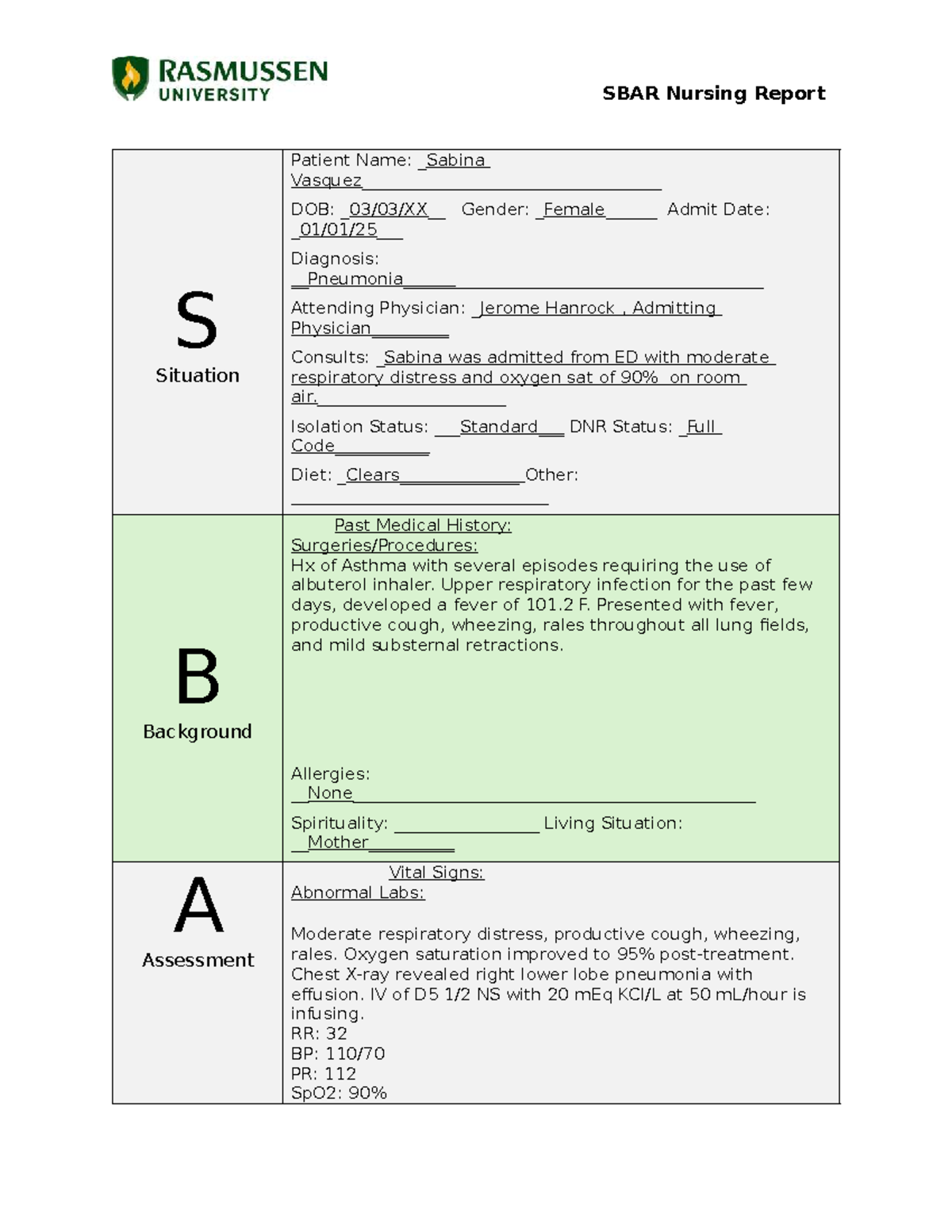 SBAR Nursing Report Worksheet for Patient Sabina Vasquez - Studocu