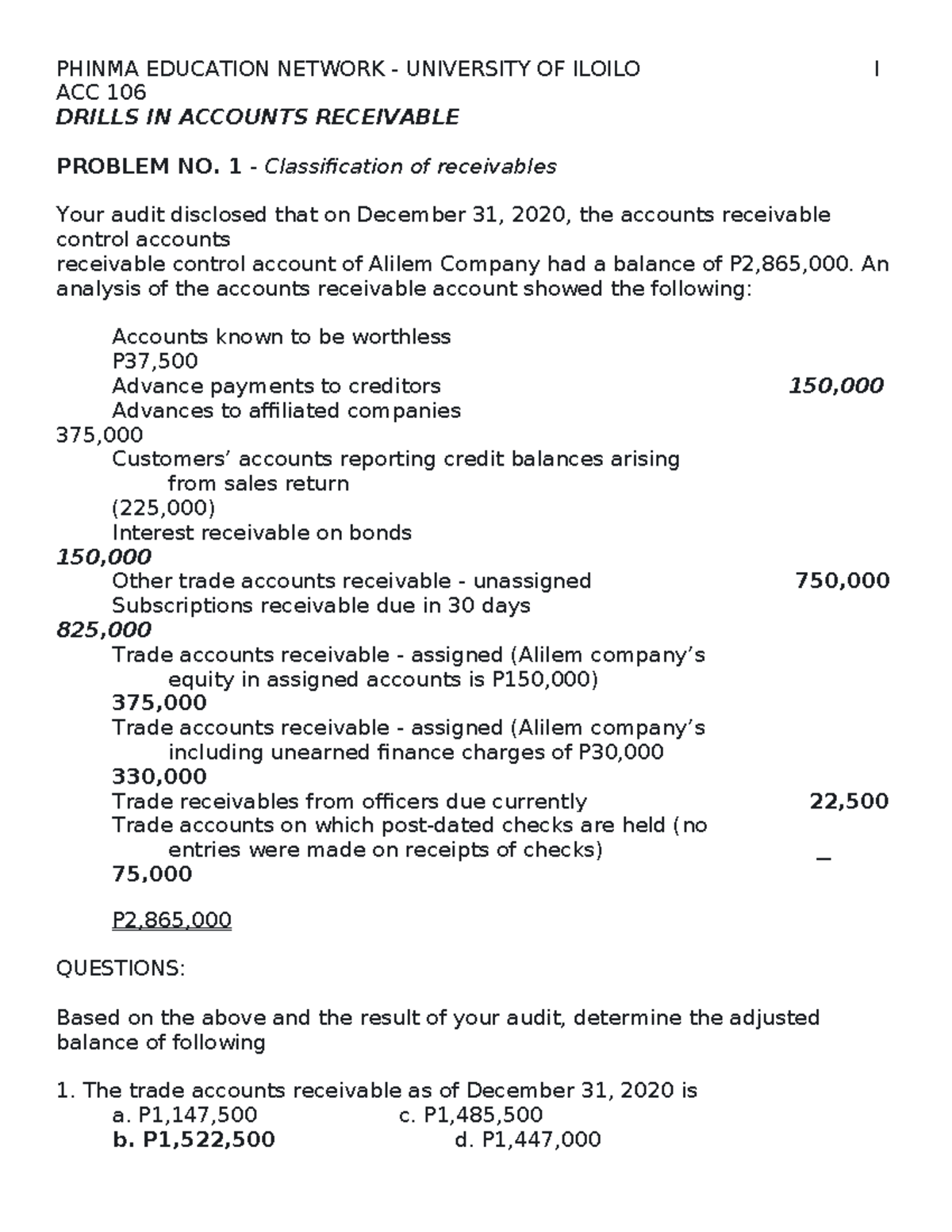 ACC 106 Final Exam: Classification of Accounts Receivable Drills - Studocu