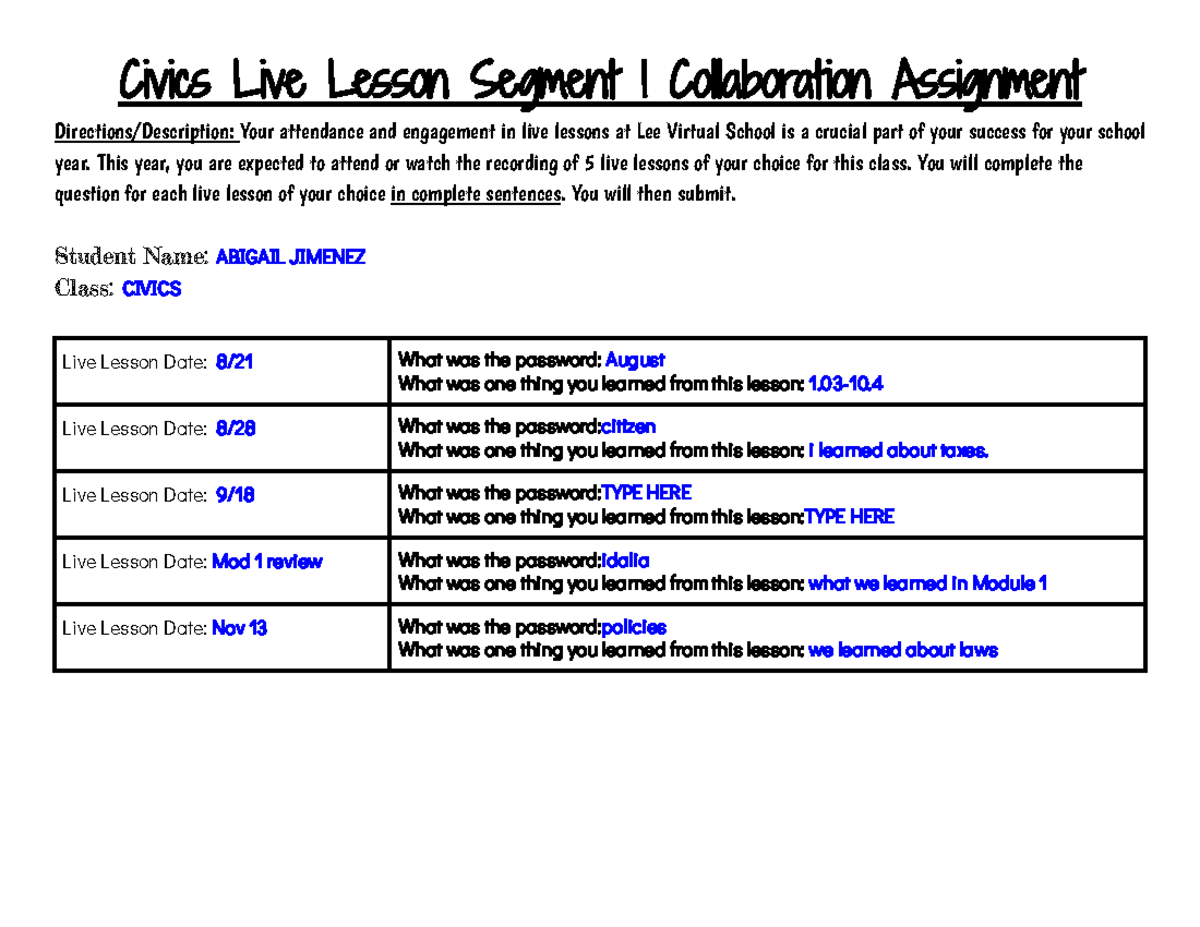 Civics 2024-2025 Live Lesson Assignment Collaboration Notes - Studocu