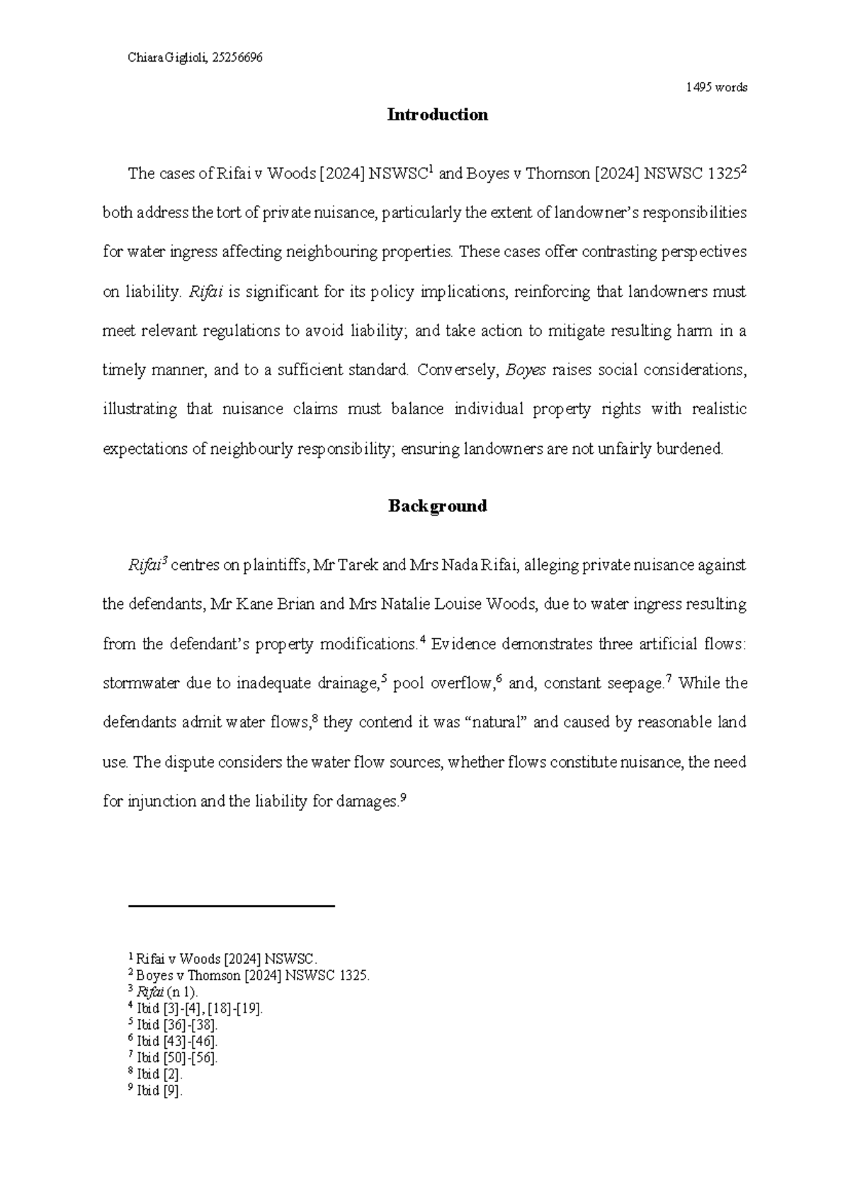 Torts Assessment - HD Essay: Case Analysis of Rifai v Woods & Boyes v ...