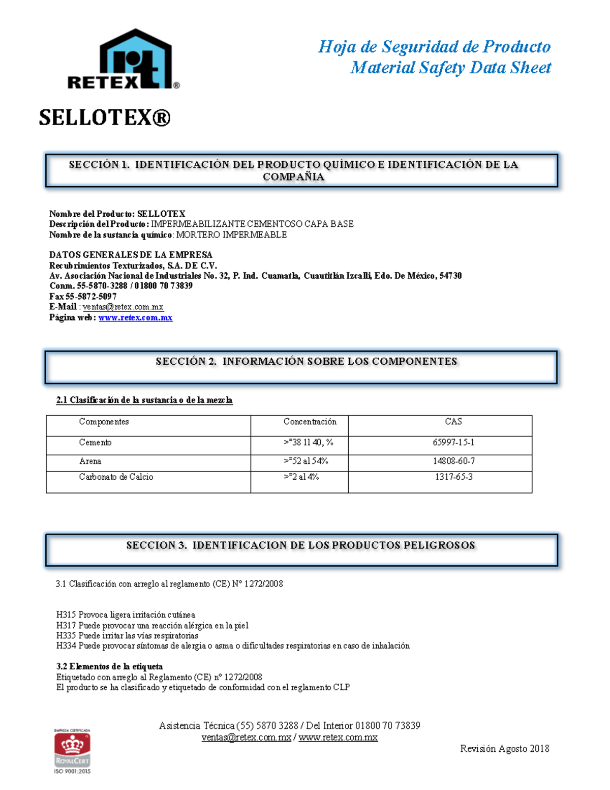 Hoja de Seguridad de Producto MSDS: Sellotex Impermeabilizante - Studocu