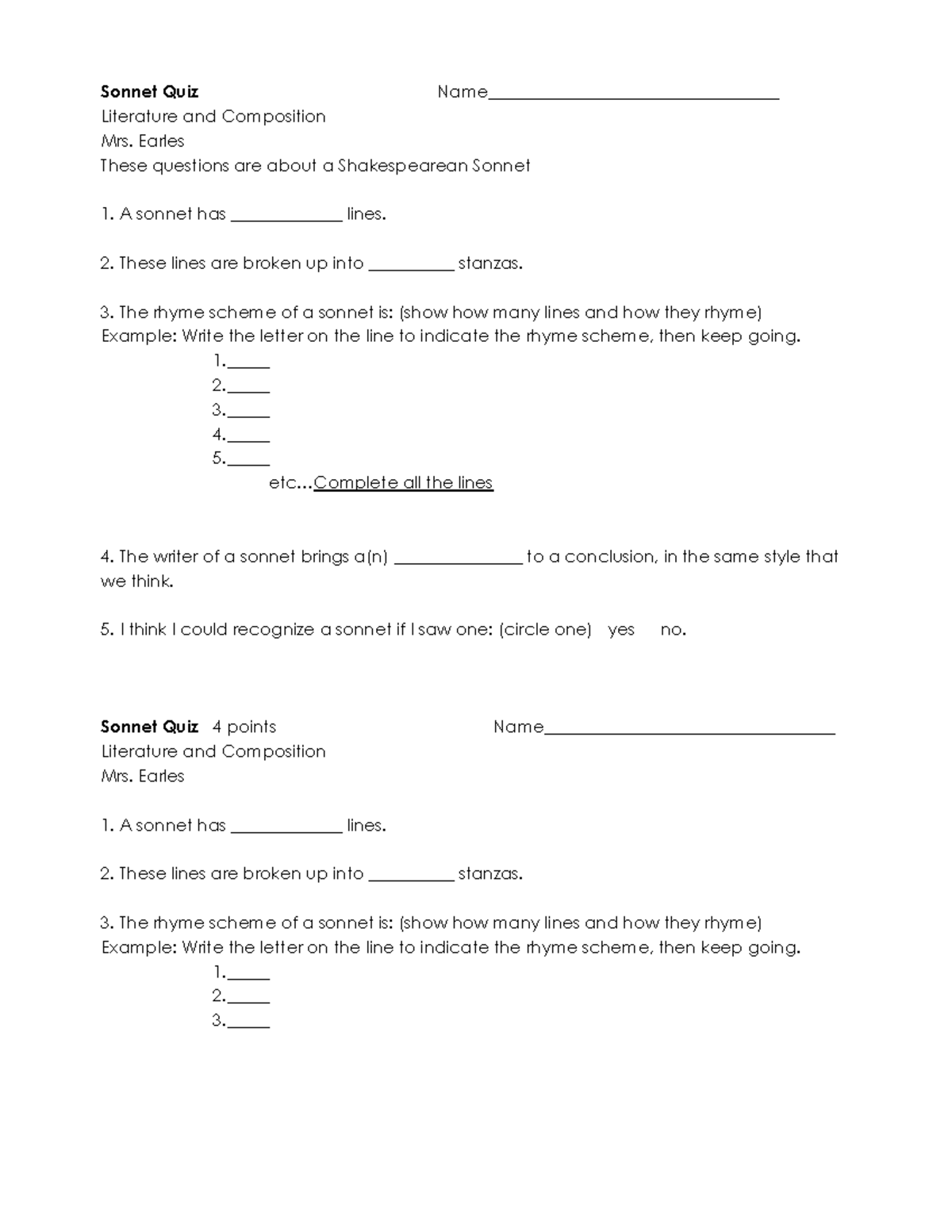 Sonnet Quiz - Quick Knowledge Check for Literature and Comp. - Studocu