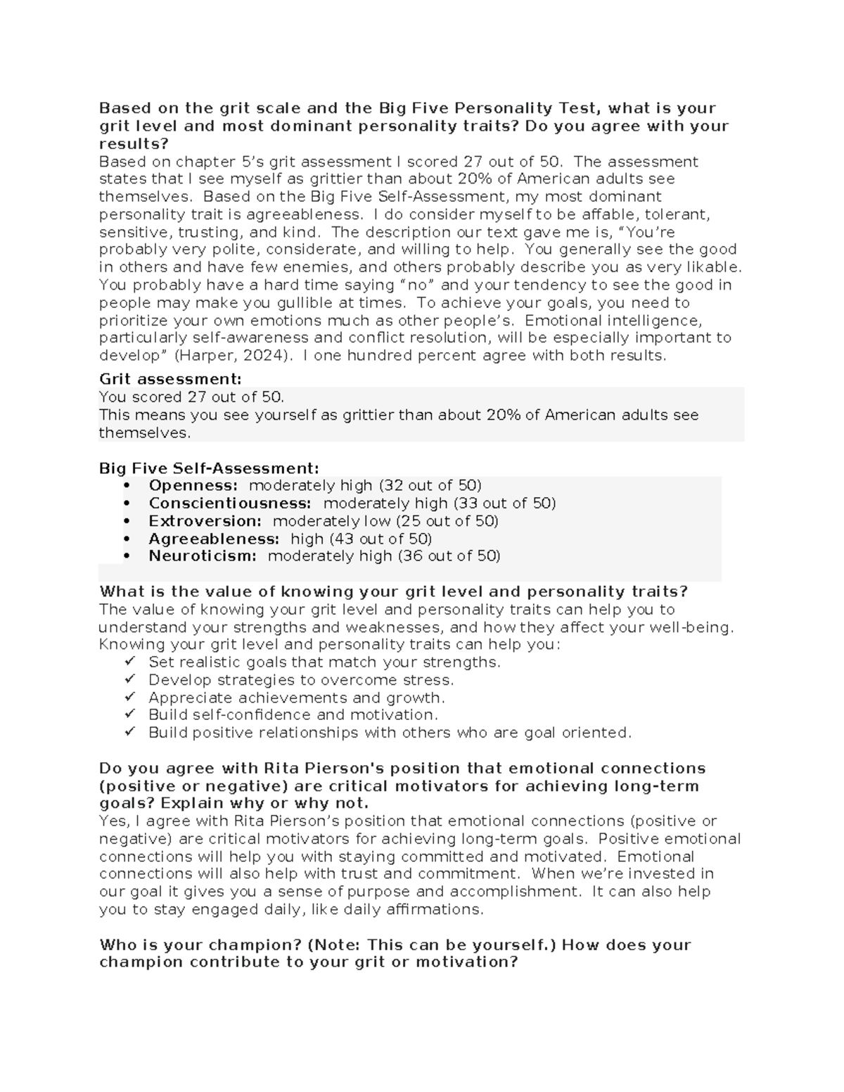 PSY108 Discussion 5: Grit Assessment & Big Five Personality Insights ...
