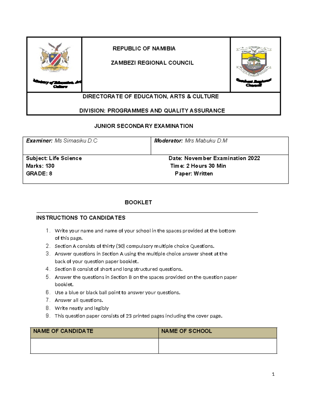 LIFE Science Grade 8 November Exam 2022 - Question Paper & Instructions ...