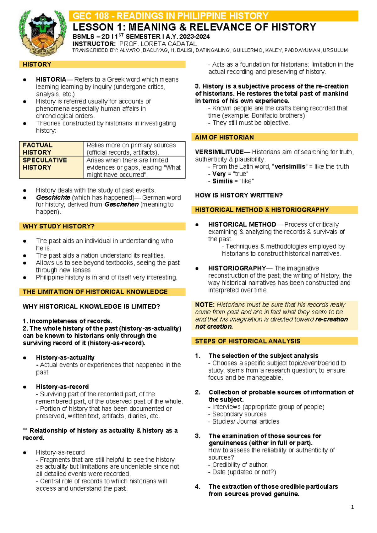 GEC 108 Lesson 1: Meaning & Relevance of Philippine History - Studocu