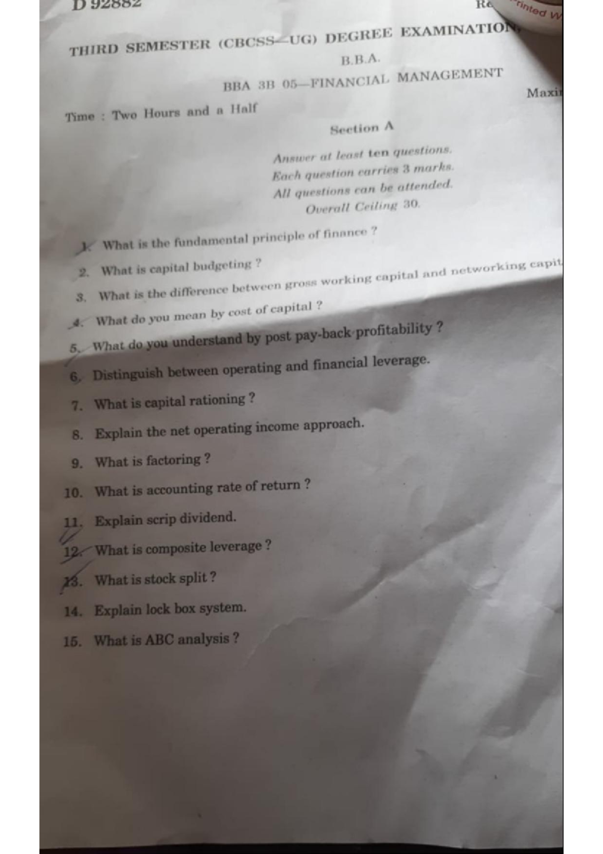 FM BBA Previous Year Question Papers Compilation - Studocu