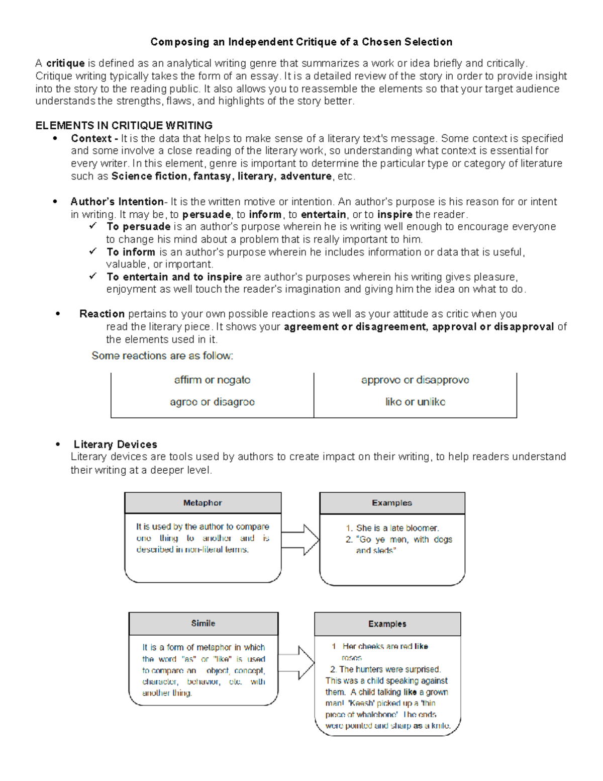 Independent Critique Guide: Analyzing Literary Selections - Studocu