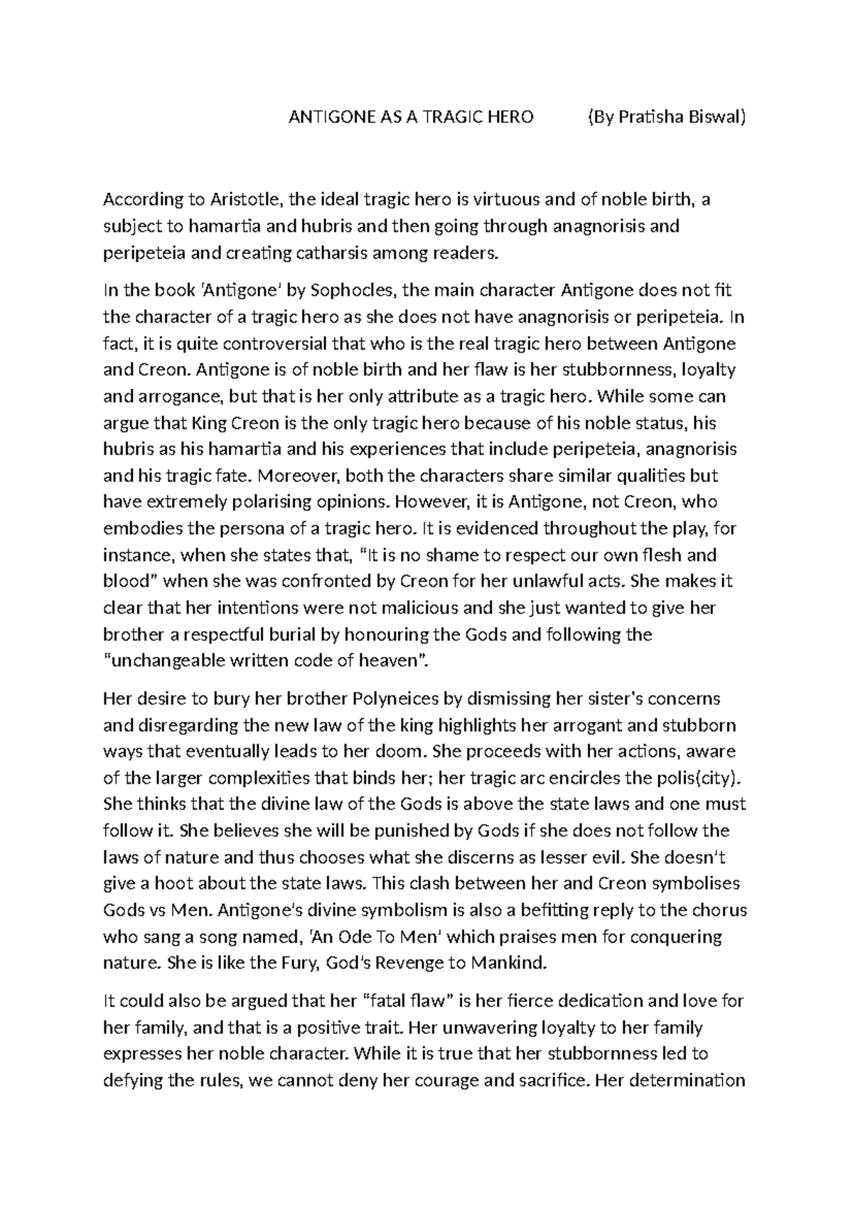 ANT 101: Antigone as a Tragic Hero - A Critical Analysis - Studocu