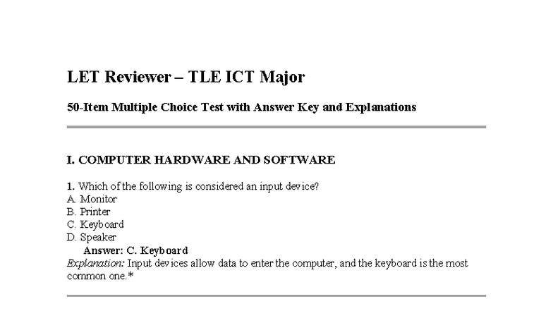LET Reviewer TLE-ICT - LET Reviewer – TLE ICT Major 50-Item Multiple ...