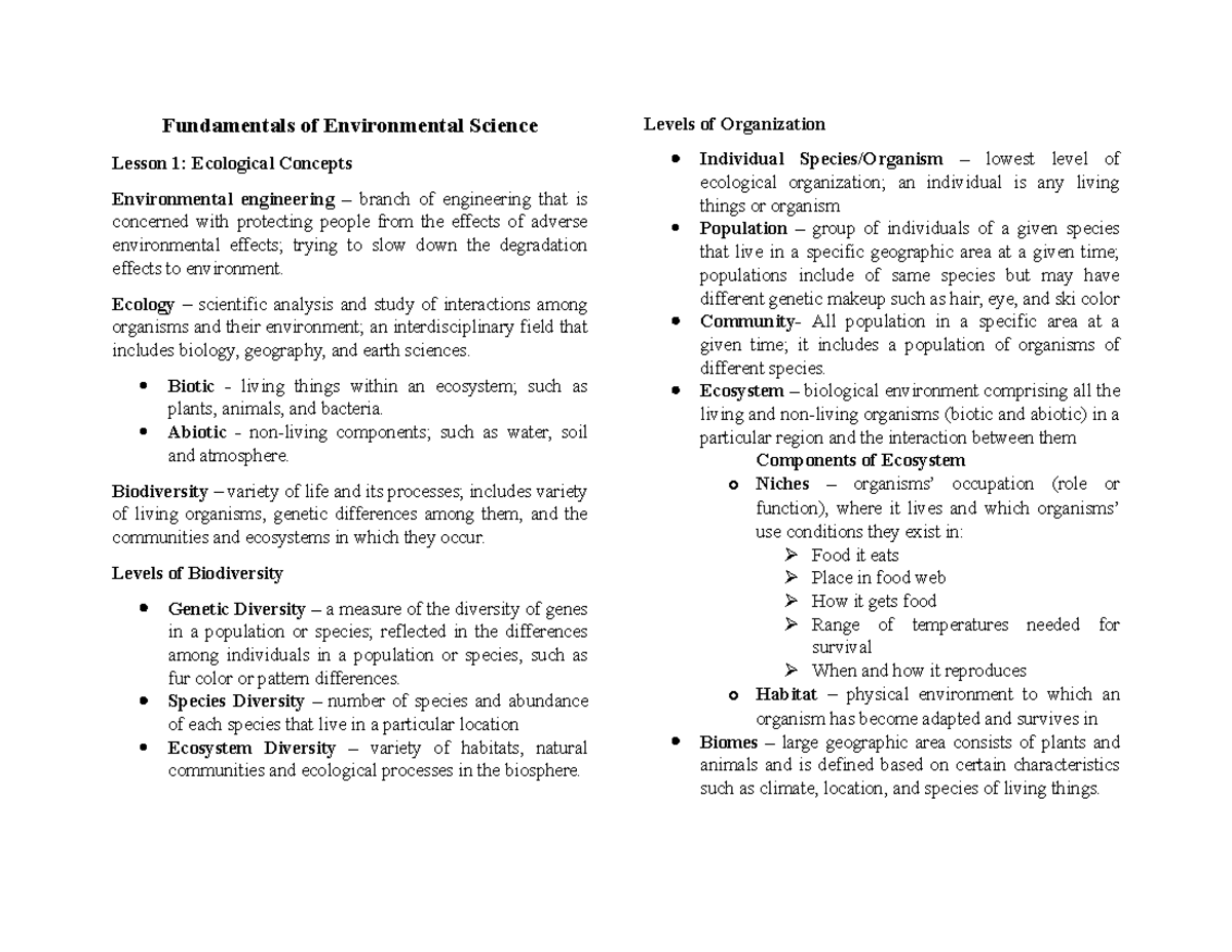 Fundamentals of Environmental Science: Lesson 1 Overview - Studocu