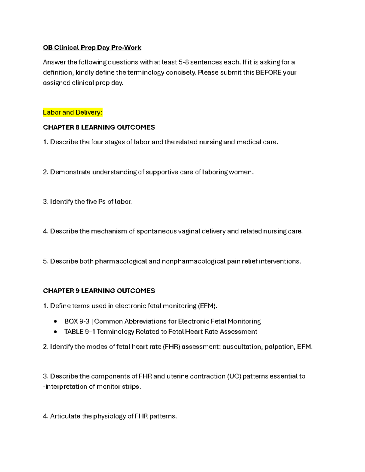 OB Clinical Prep Day: Key Learning Outcomes & Nursing Care - Studocu