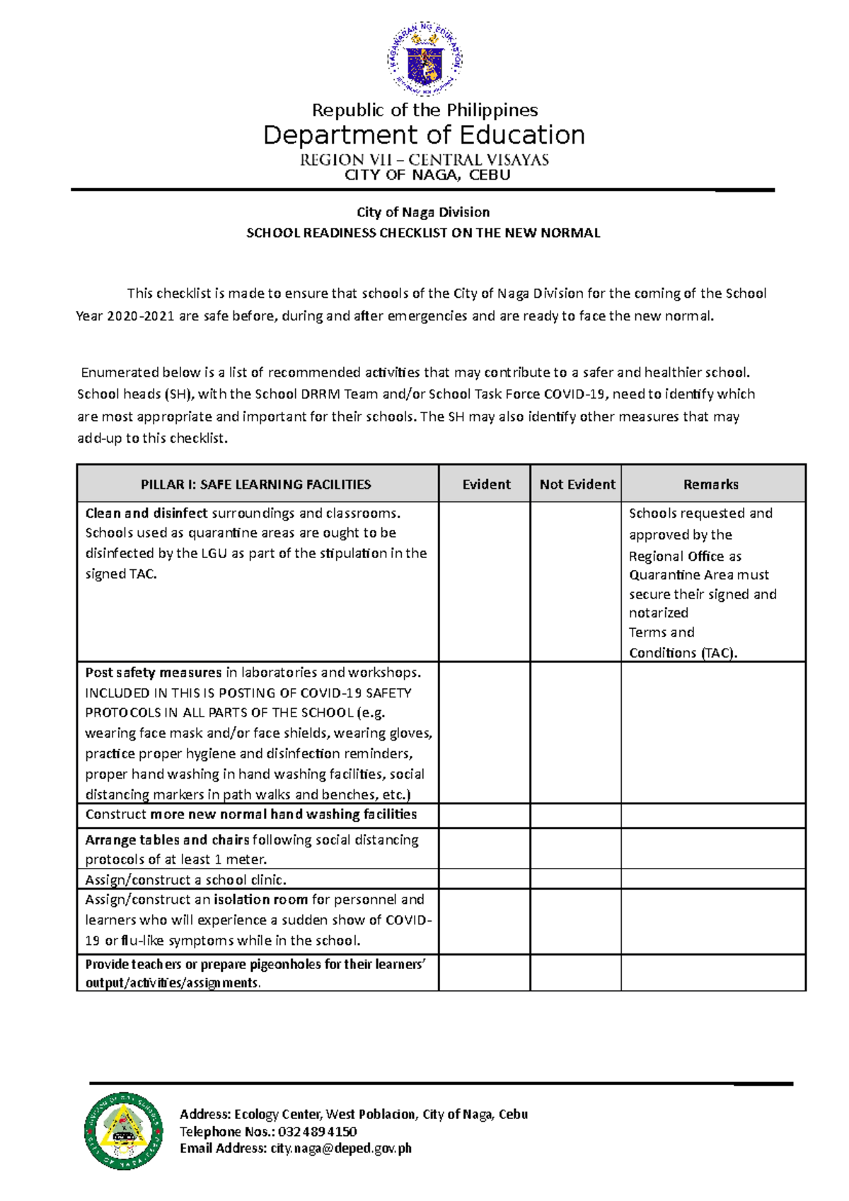 DRRM-Monitoring Checklist for School Readiness in New Normal - Studocu
