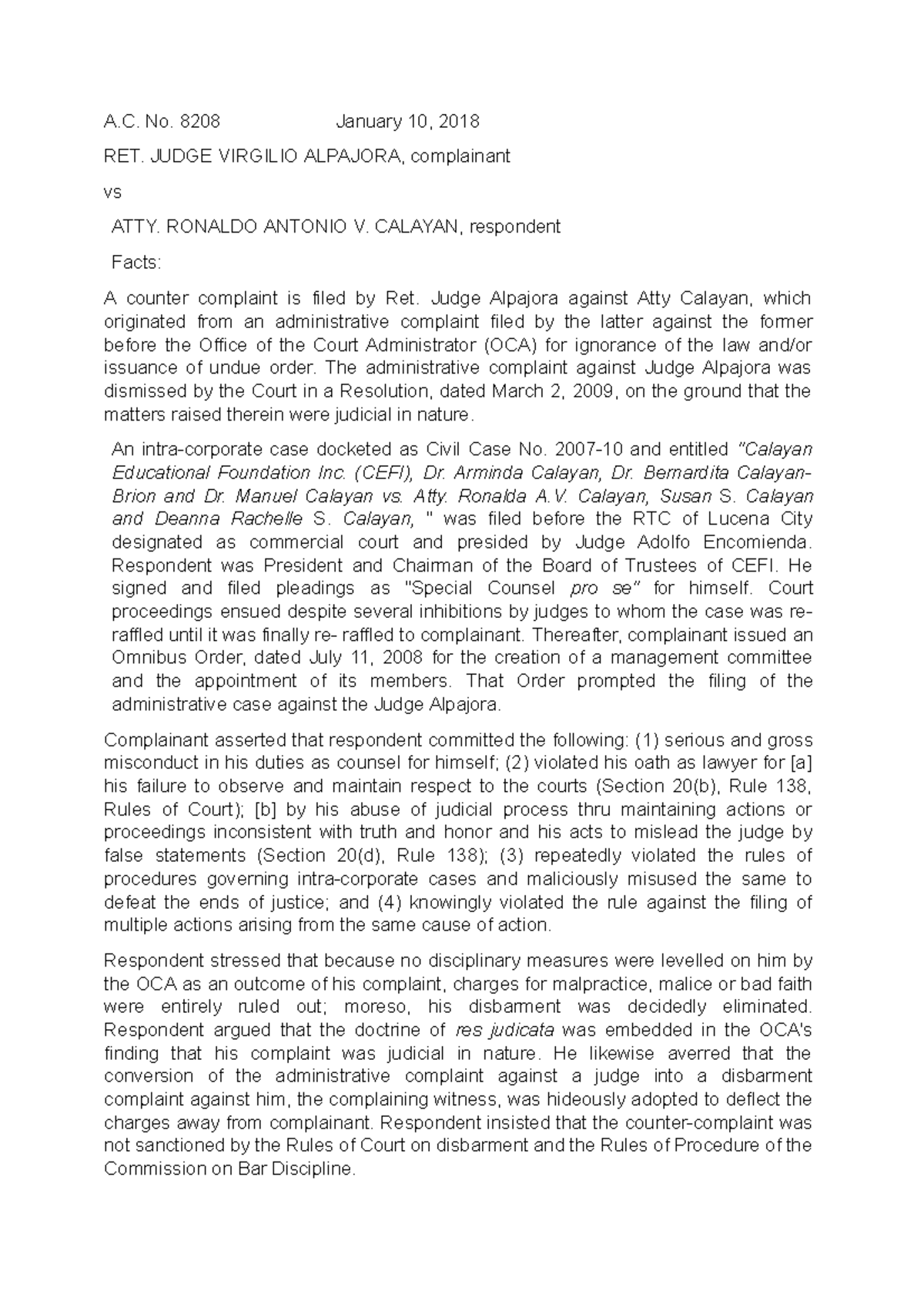 4. Case Digest: Alpajora vs Calayan - A.C. No. 8208, Jan 2018 - Studocu