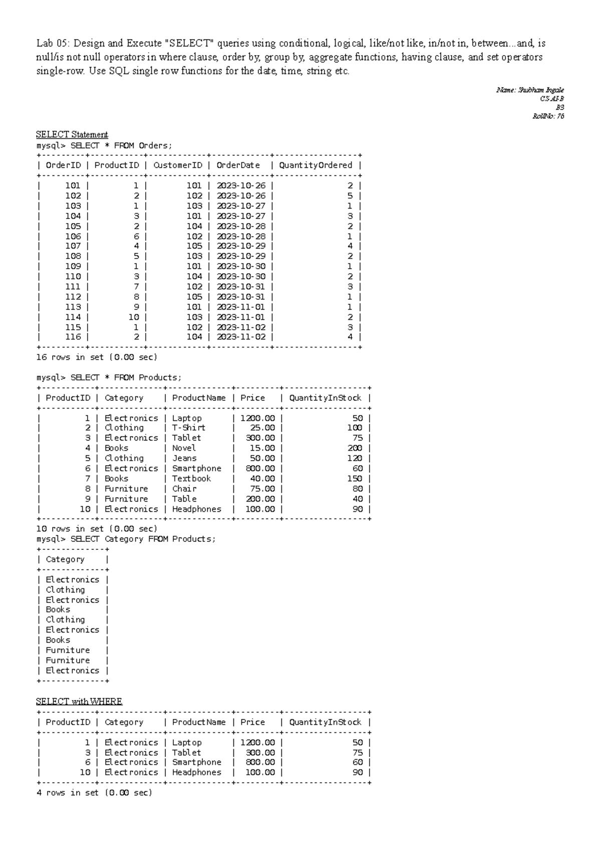 Lab 05: Design and execute SQL queries with various operators and ...