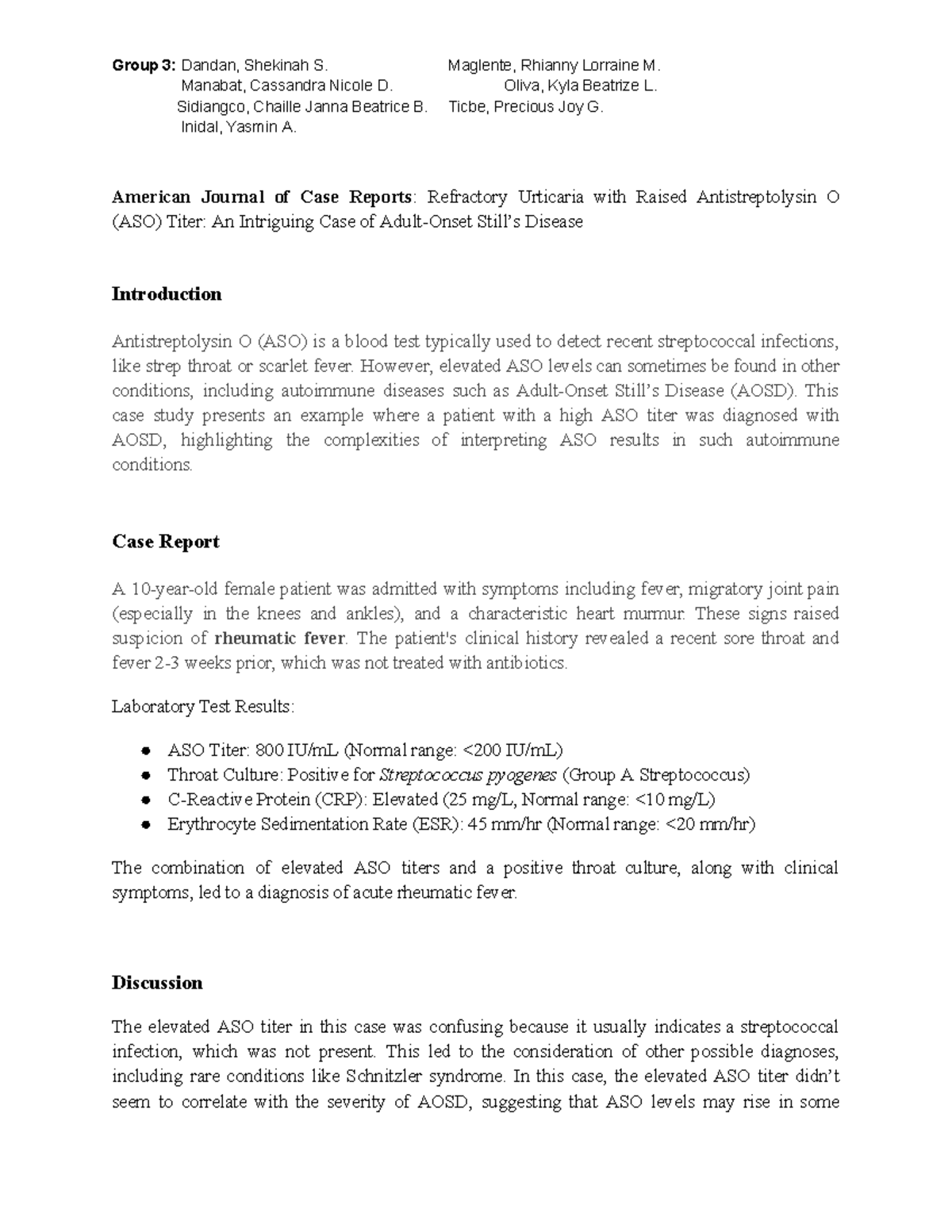 Case Study: Refractory Urticaria & Elevated ASO Titer Analysis - Studocu