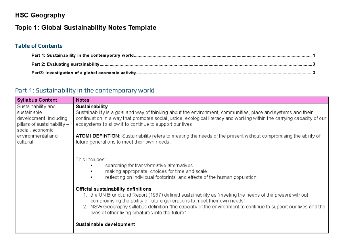 HSC Geography Study Notes: Global Sustainability Concepts & Examples ...