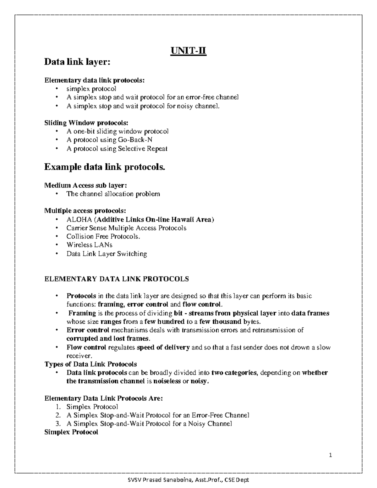 CN-UNIT-II Data Link Layer Protocols Notes - Studocu