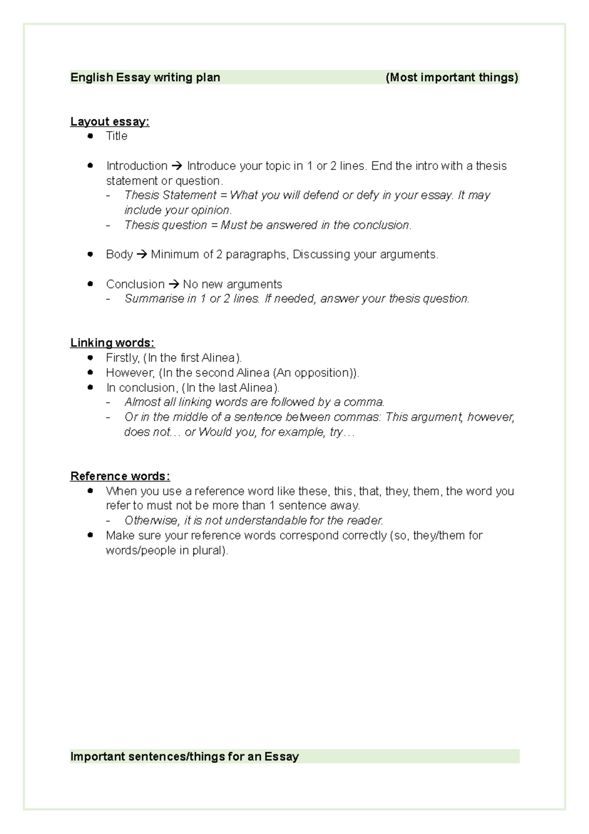English Essay writing plan - End the intro with a thesis statement or ...