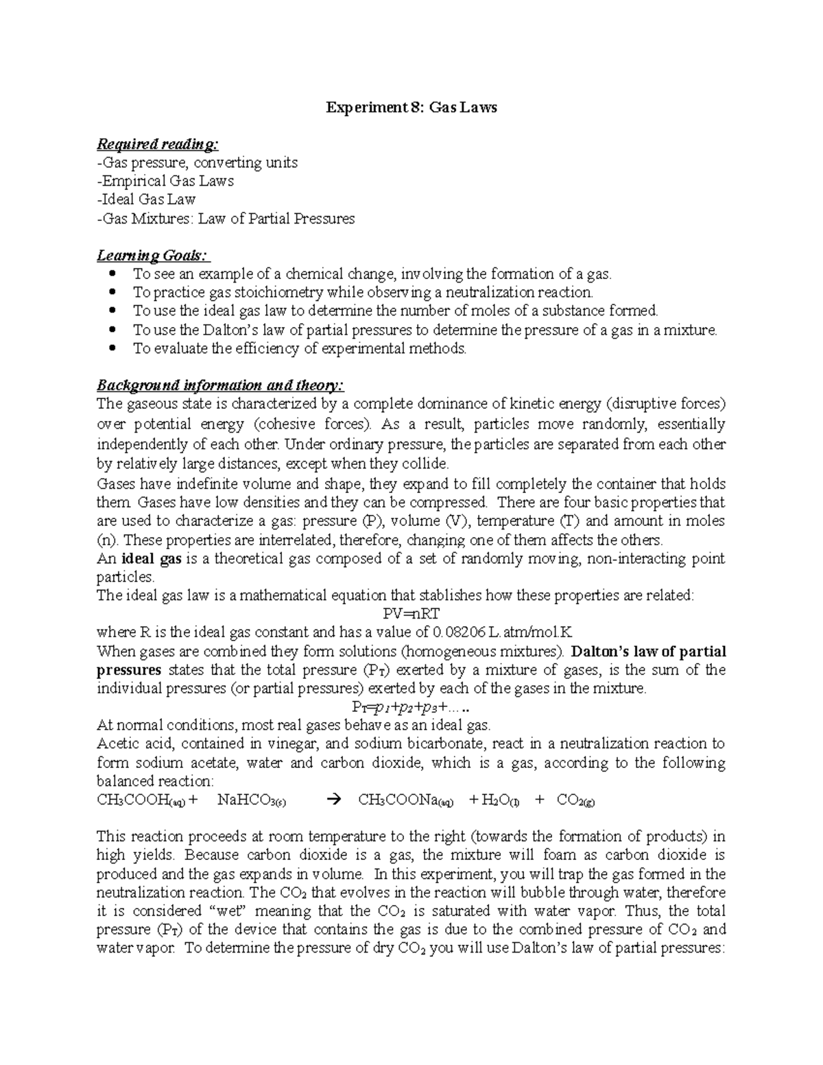 Experiment 8- Gas Laws - lab 8 - Experiment 8: Gas Laws Required reading: -Gas pressure ...